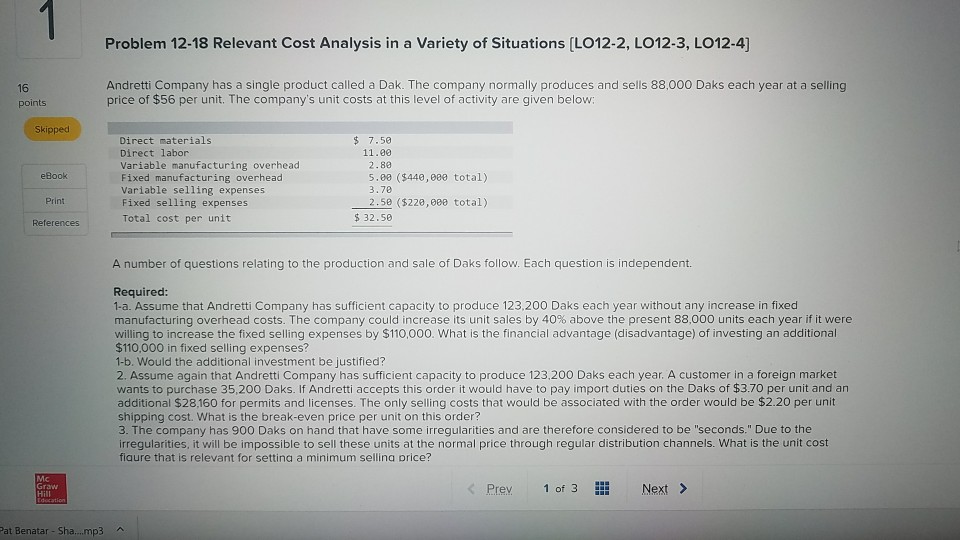 Solved Problem 12-18 Relevant Cost Analysis in a Variety of | Chegg.com