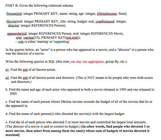 Solved PART B. Given the following relational schema | Chegg.com