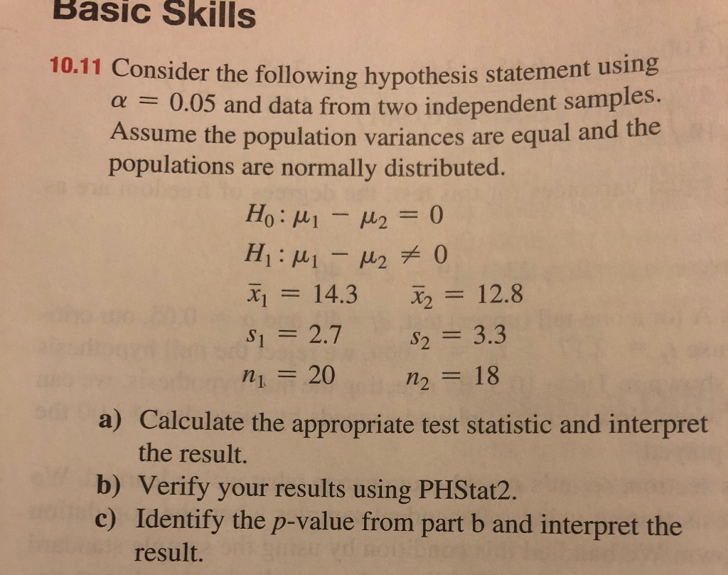 Solved Basic Skills 10.11 Consider the following hypothesis | Chegg.com