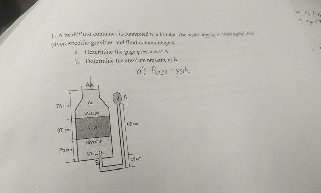 Solved l: A multifluid container is connected to a U-tube. | Chegg.com