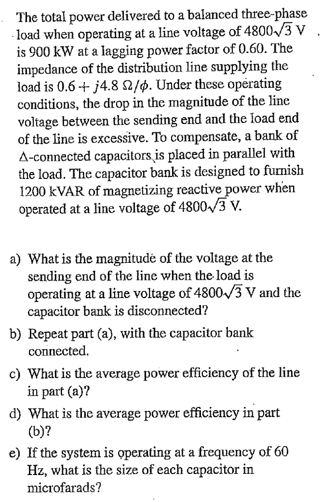 Solved The total power delivered to a balanced three-phase | Chegg.com
