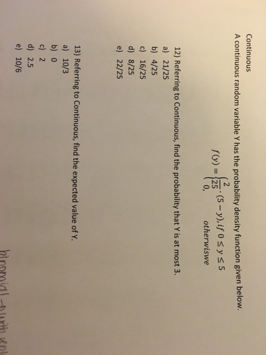Solved Continuous A Continuous Random Variable Y Has The 