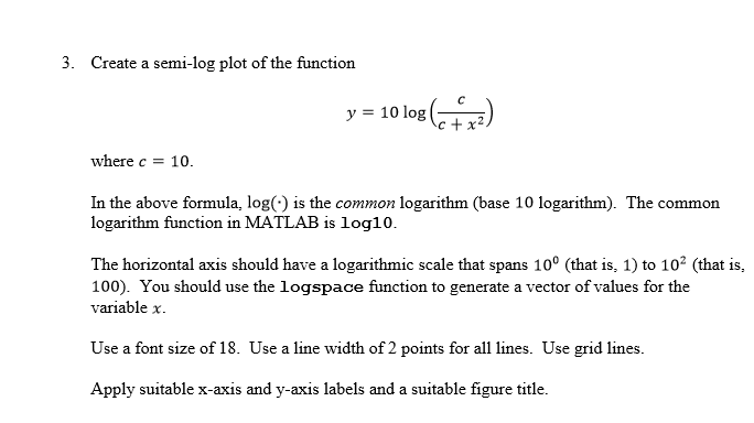 Solved 3. Create a semi-log plot of the function y-10 log( | Chegg.com