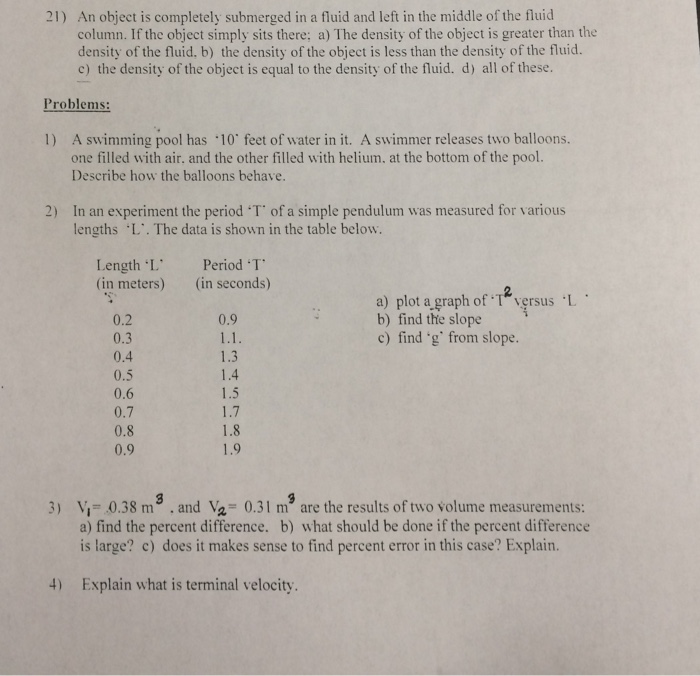 Solved An object is completely submerged in a fluid and left | Chegg.com