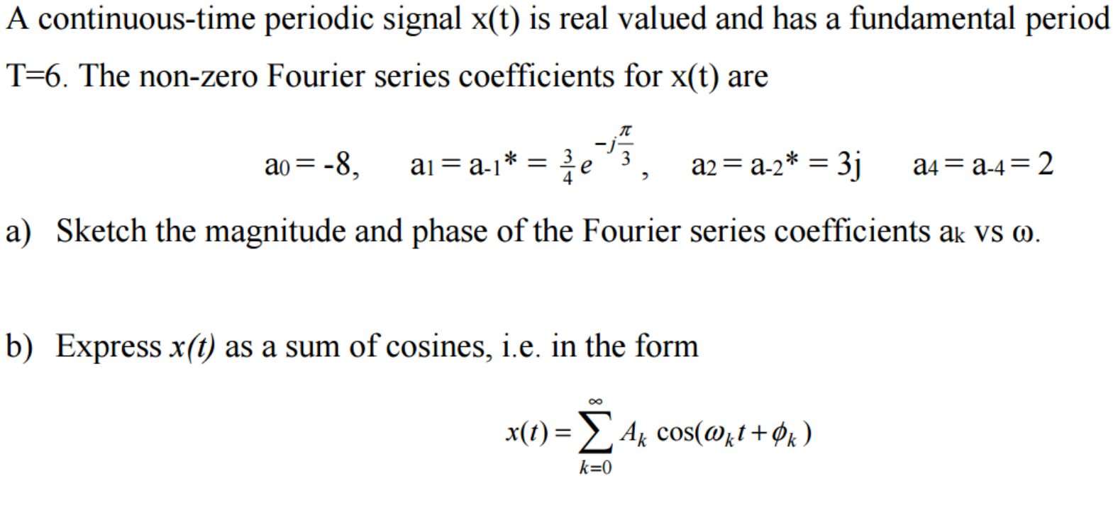 Solved A continuous-time periodic signal x(t) is real valued | Chegg.com