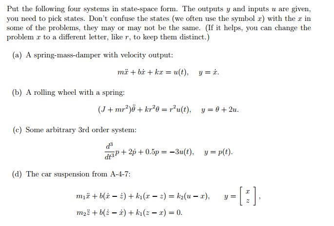 Solved Put the following four systems in state-space form. | Chegg.com
