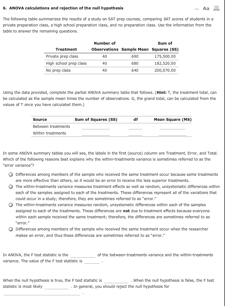 Solved 6. ANOVA calculations and rejection of the null | Chegg.com