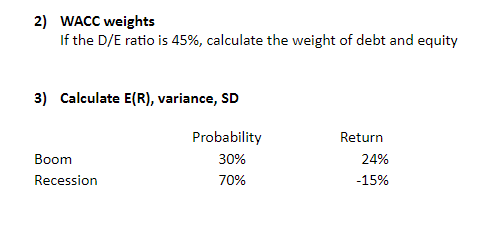 Solved 2) WACC weights If the D/E ratio is 45%, calculate | Chegg.com