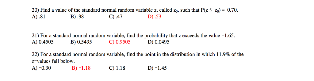 Solved 20) Find a value of the standard normal random | Chegg.com
