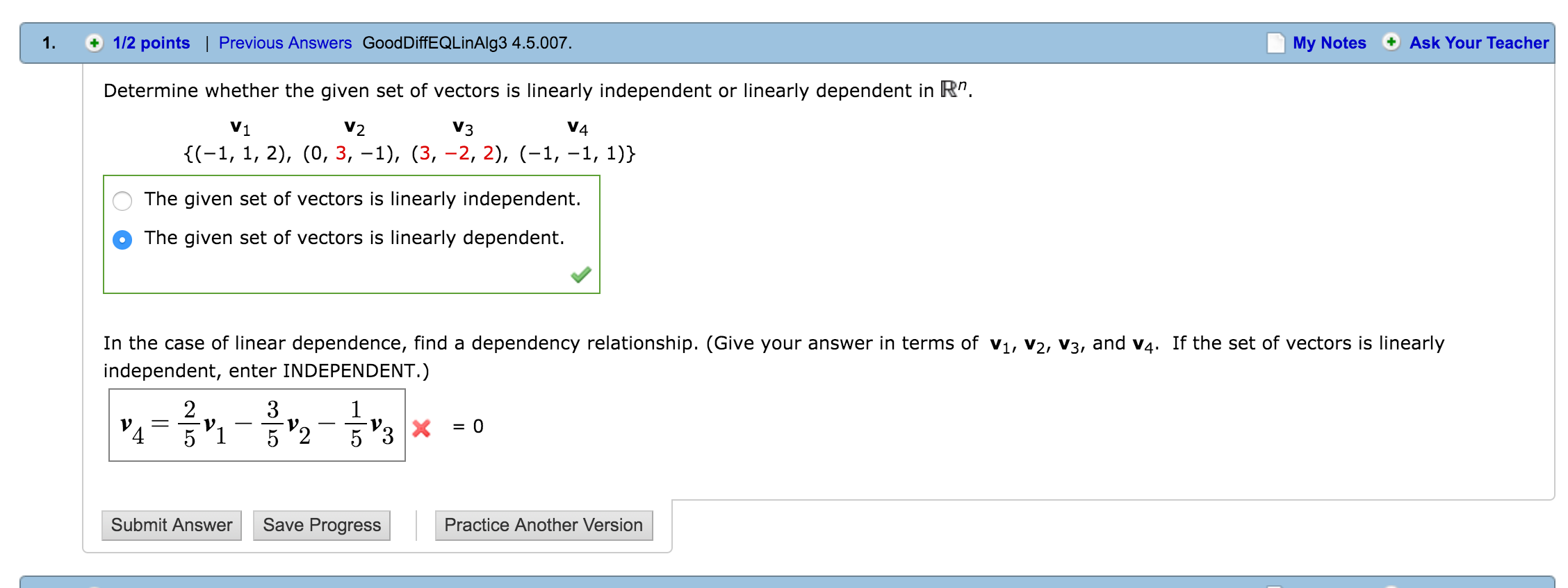 Solved Determine whether the given set of vectors is | Chegg.com