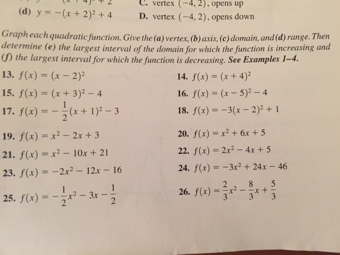 Solved Graph each quadratic function. Give the (a) vertex, | Chegg.com