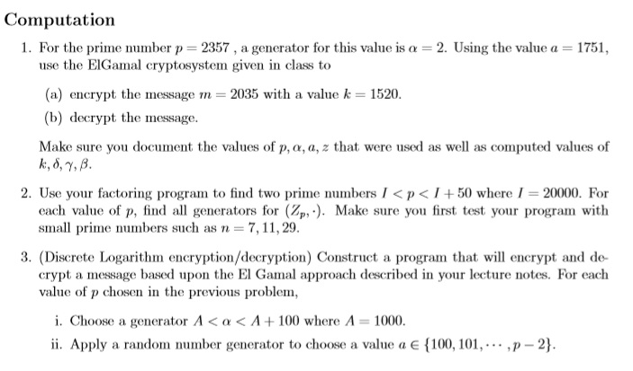 Computation I. For the prime number p-2357, a | Chegg.com
