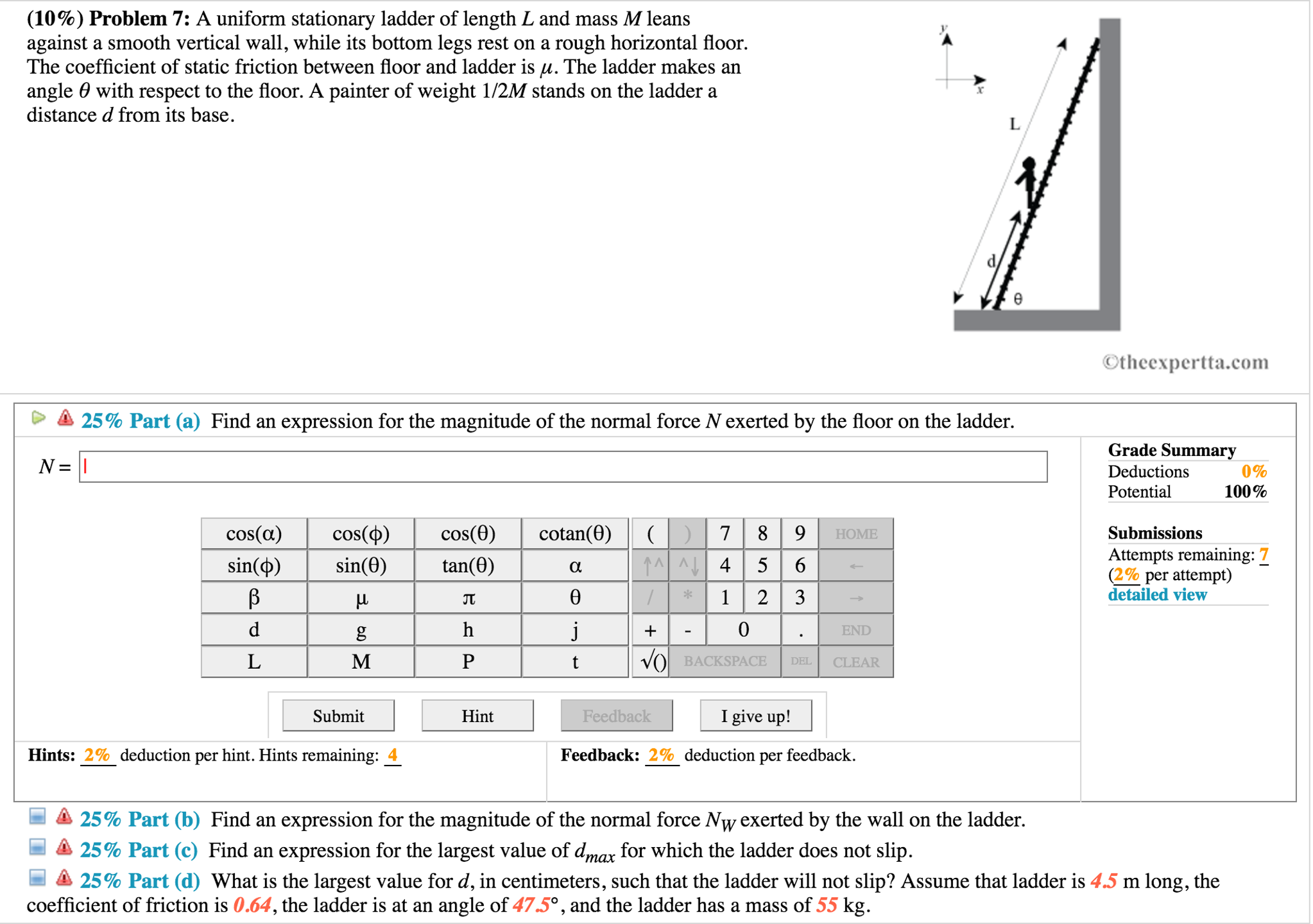 Solved (10%) Problem 7: A uniform stationary ladder of | Chegg.com Solved (10%) Problem 7: A uniform stationary ladder of | Chegg.com