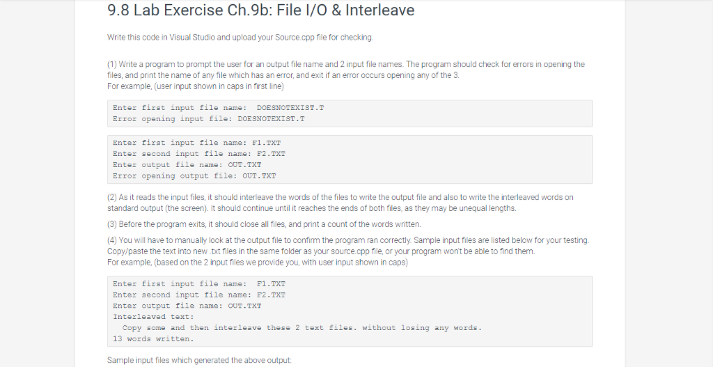 Solved 9.8 Lab Exercise Ch.9b: File I/O &Interleave Write | Chegg.com