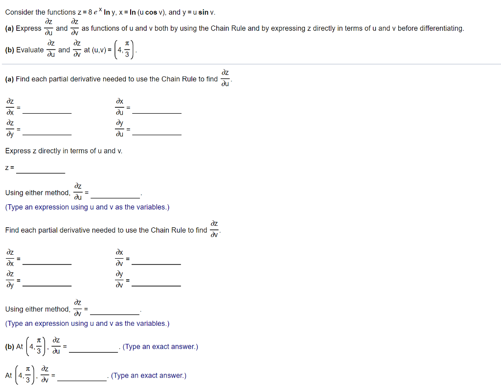 Solved Consider the functions z 8e Iny, x- In (u cos v), and | Chegg.com