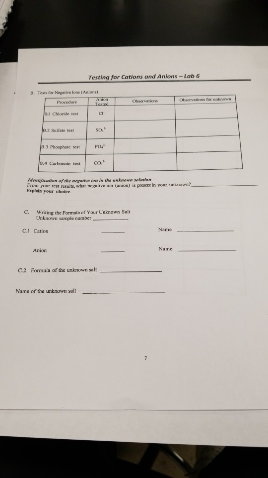 Solved Testing for Cations and Anions-Lab 6 B. Tests for | Chegg.com