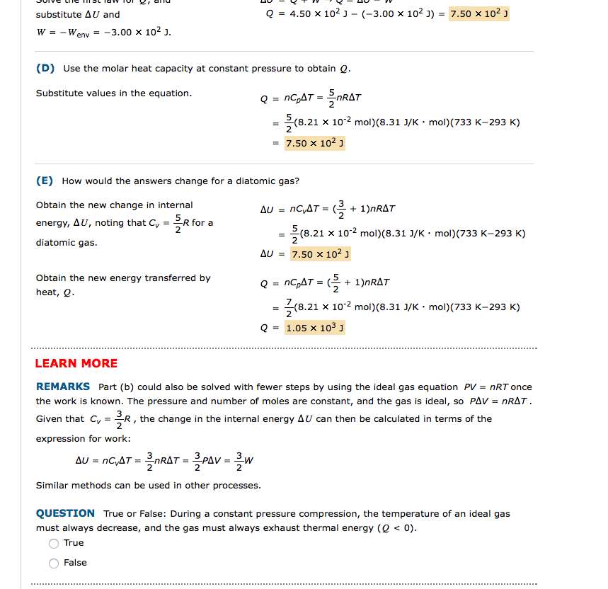 Solved GOAL Use molar specific heats and the first law in a | Chegg.com
