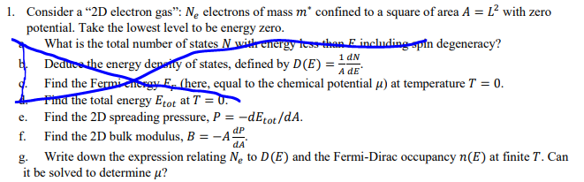 Solved 1. Consider a "2D electron gas": Ne electrons of mass | Chegg.com
