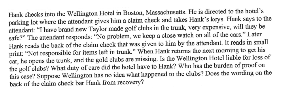 Solved Hank checks into the Wellington Hotel in Boston, | Chegg.com