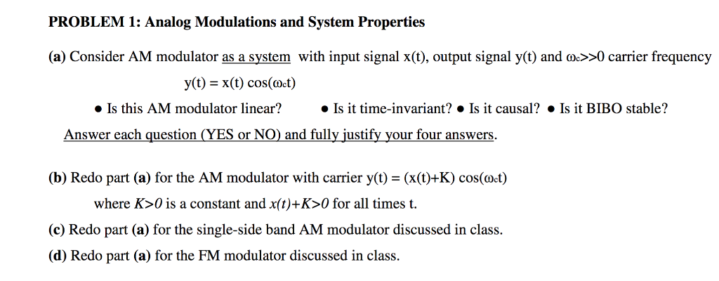 Solved Analog Modulations and System Properties (a) | Chegg.com