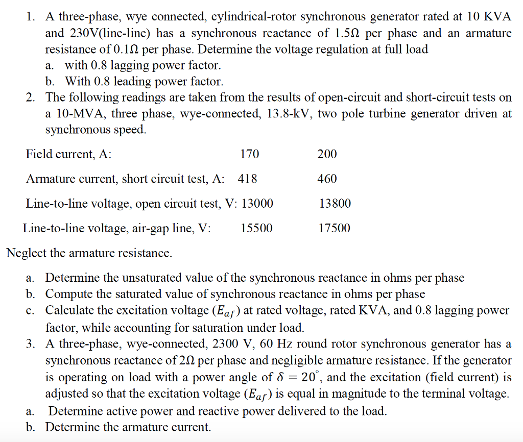Solved 1. A three-phase, wye connected, cylindrical-rotor | Chegg.com