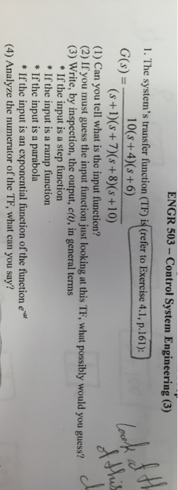 Solved ENGR 503 ? Control System Engineering (3) I. The | Chegg.com