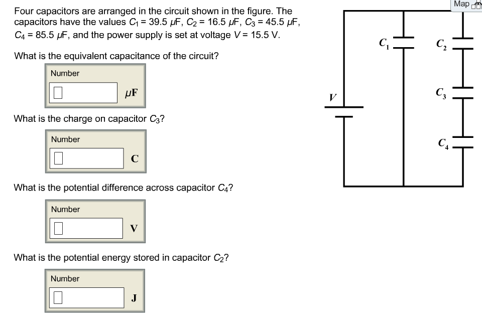 Solved Map Four capacitors are arranged in the circuit shown | Chegg.com