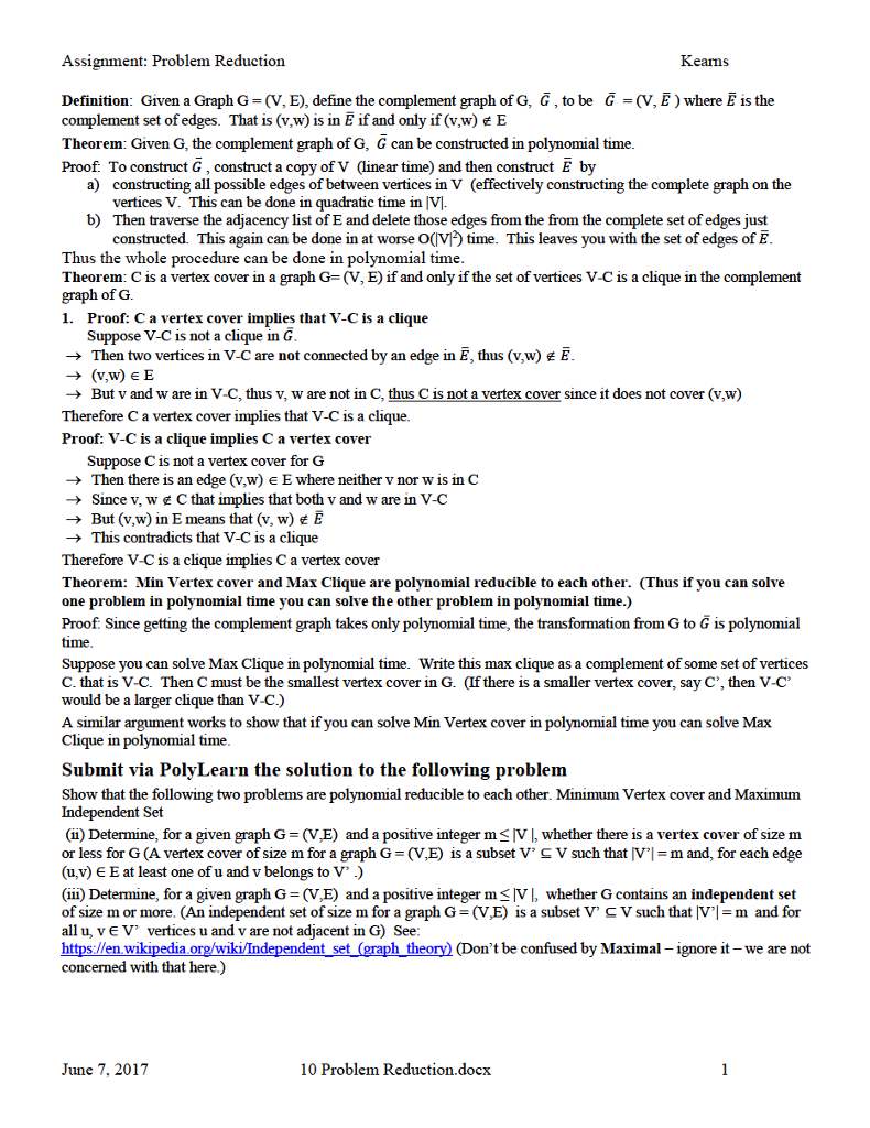 Solved Definition: Given a Graph G = (V, E), define the | Chegg.com