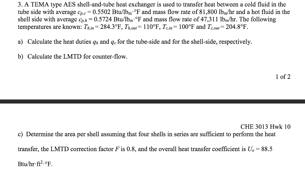Solved A TEMA type AES shell-and-tube heat exchanger is used | Chegg.com