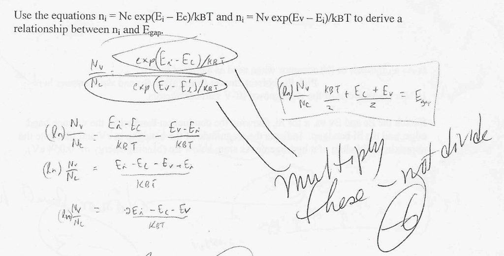 Solved Use the equations ni = Nc exp(Ei-Ec)/kBT and ni-Nv | Chegg.com