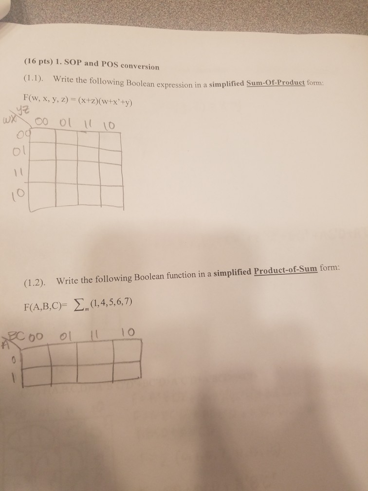 Solved (16 pts) 1. SOP and POS conversion (1.1). Write the | Chegg.com