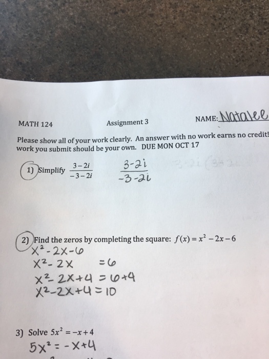 Solved NAME: Mntaee MATH 124 Assignment 3 Please show all of | Chegg.com