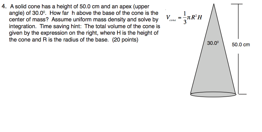 Solved A solid cone has a height of 50.0 cm and an apex | Chegg.com