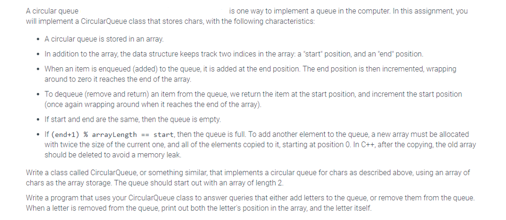 Solved A Circular Queue Will Implement A Circularqueue Class 