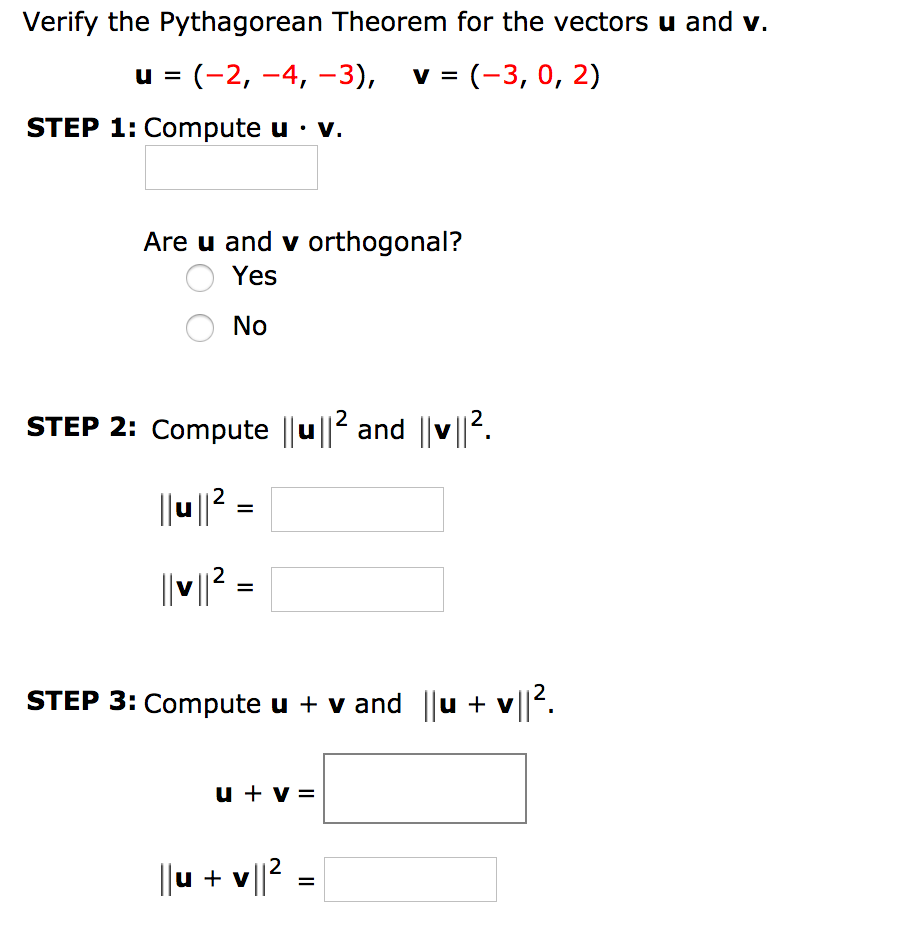 Solved Verify the Pythagorean Theorem for the vectors u and | Chegg.com