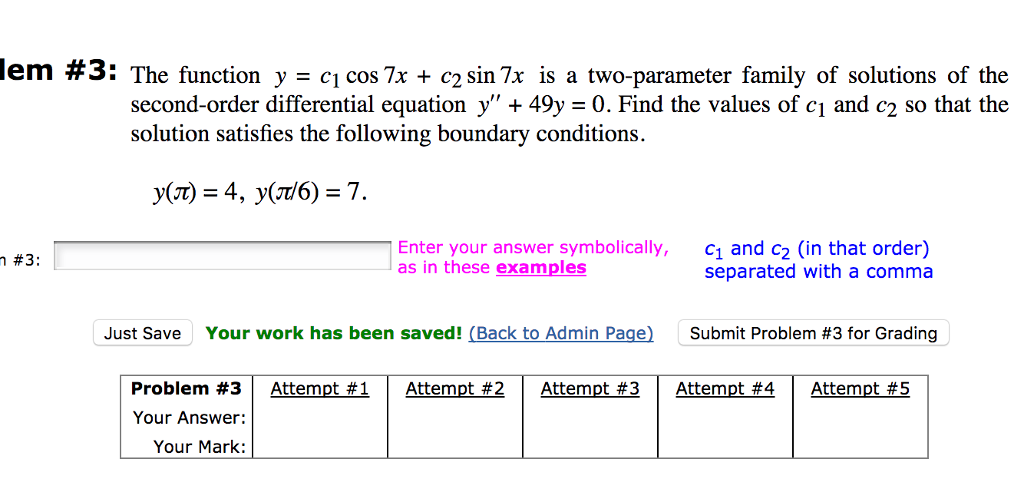 Solved The function y = c_1 cos 7x + c_2 sin 7x is a | Chegg.com
