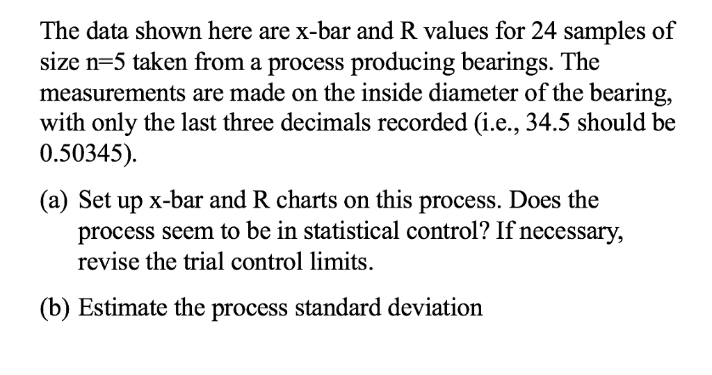 Solved The data shown here are x-bar and R values for 24 | Chegg.com