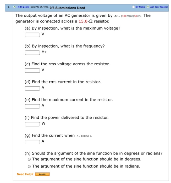Solved The output voltage of an AC generator is given by | Chegg.com