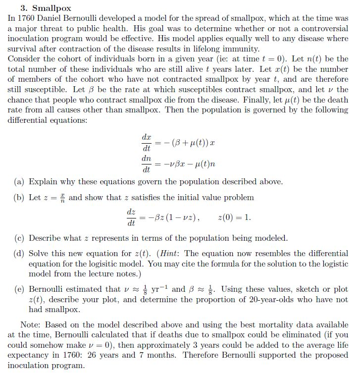 Solved Smallpox In 1760 Daniel Bernoulli developed a model | Chegg.com