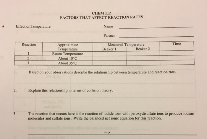 Solved CHEM 112 FACTORS THAT AFFECT REACTION RATES | Chegg.com