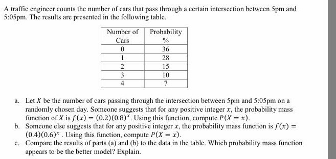 Solved A traffic engineer counts the number of cars that | Chegg.com