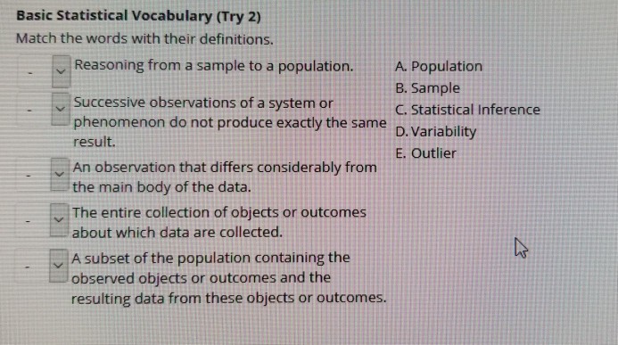 Solved Basic Statistical Vocabulary (Try 2) Match the words | Chegg.com