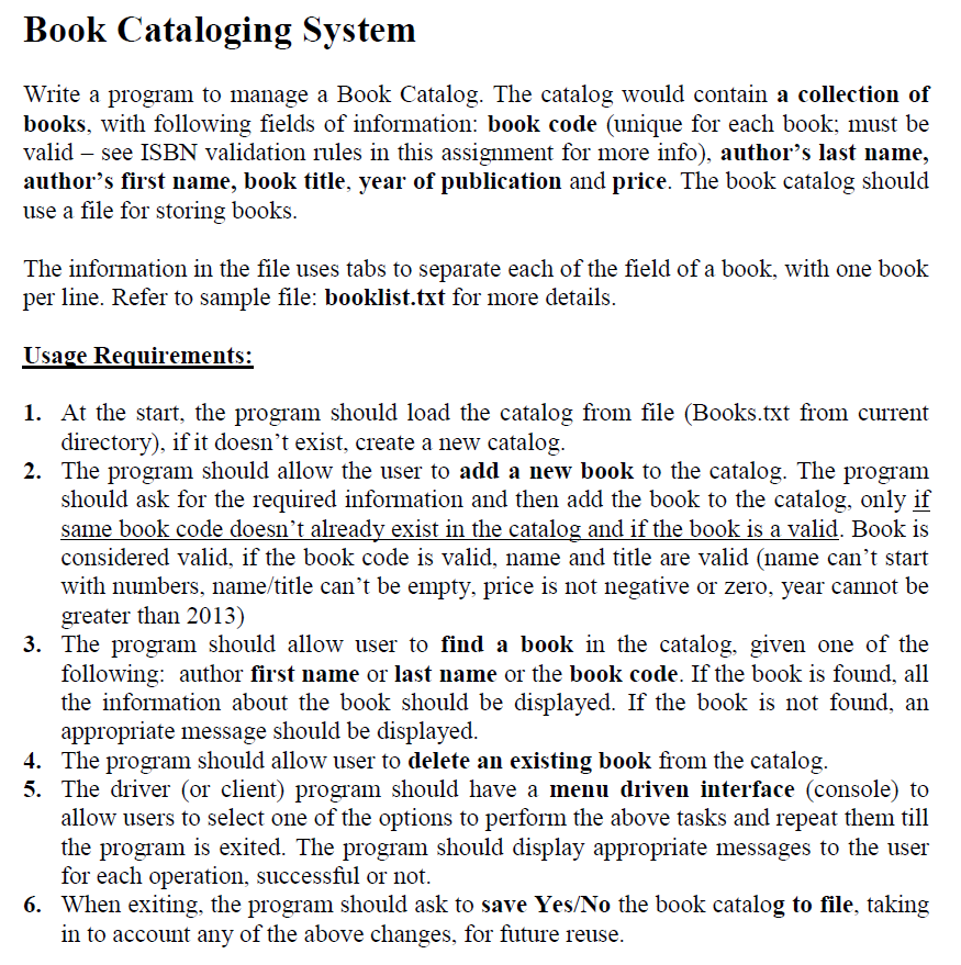 Book Cataloging System Write a program to manage a | Chegg.com
