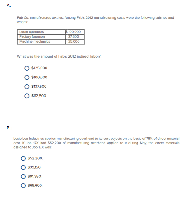 Solved Fab Co. manufactures textiles. Among Fab's 2012 | Chegg.com