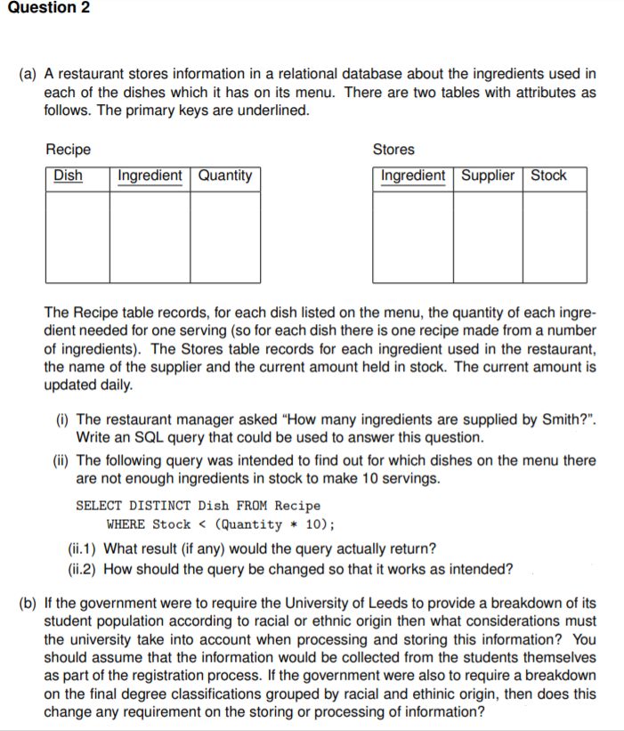 Solved Question 2 (a) A restaurant stores information in a | Chegg.com