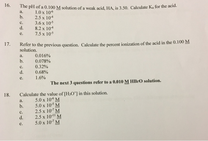 Solved The pH of a 0.100 M solution of a weak acid. HA. is | Chegg.com