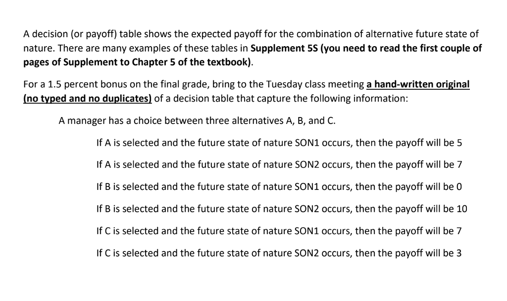 Solved A decision (or payoff) table shows the expected | Chegg.com