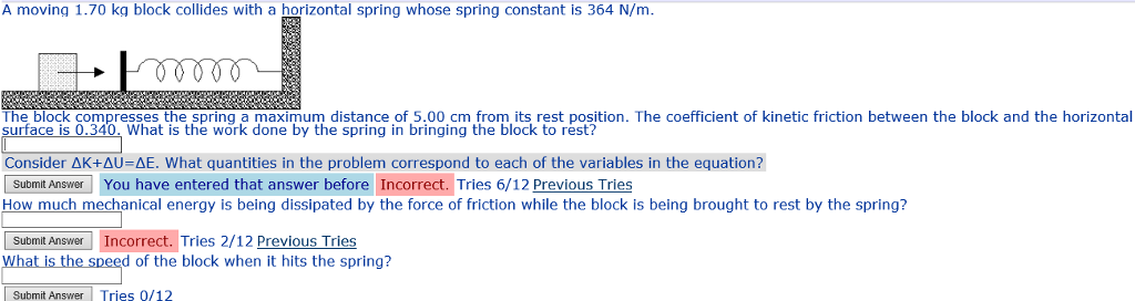 Solved A moving 1.70 kg block collides with a horizontal | Chegg.com