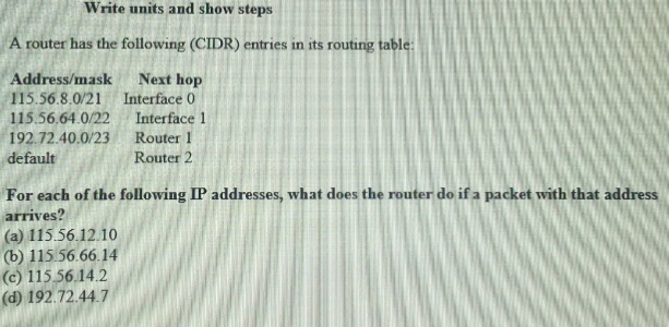Solved A router has the following (CIDR) entries in its | Chegg.com