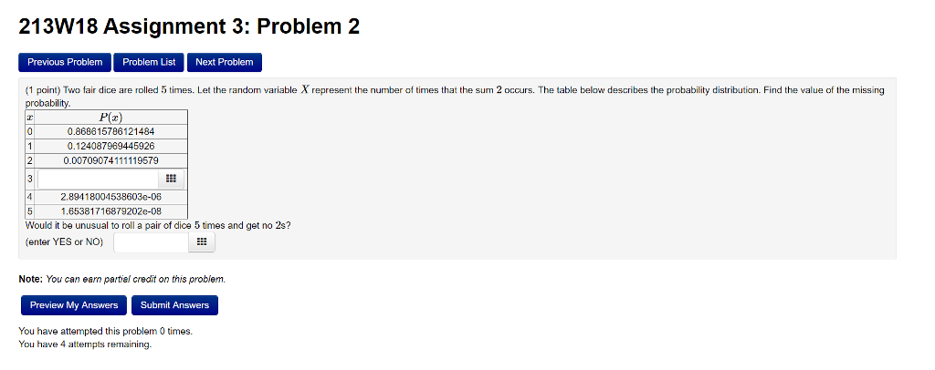 Solved 213W18 Assignment 3: Problem 7 Previous Problem | Chegg.com
